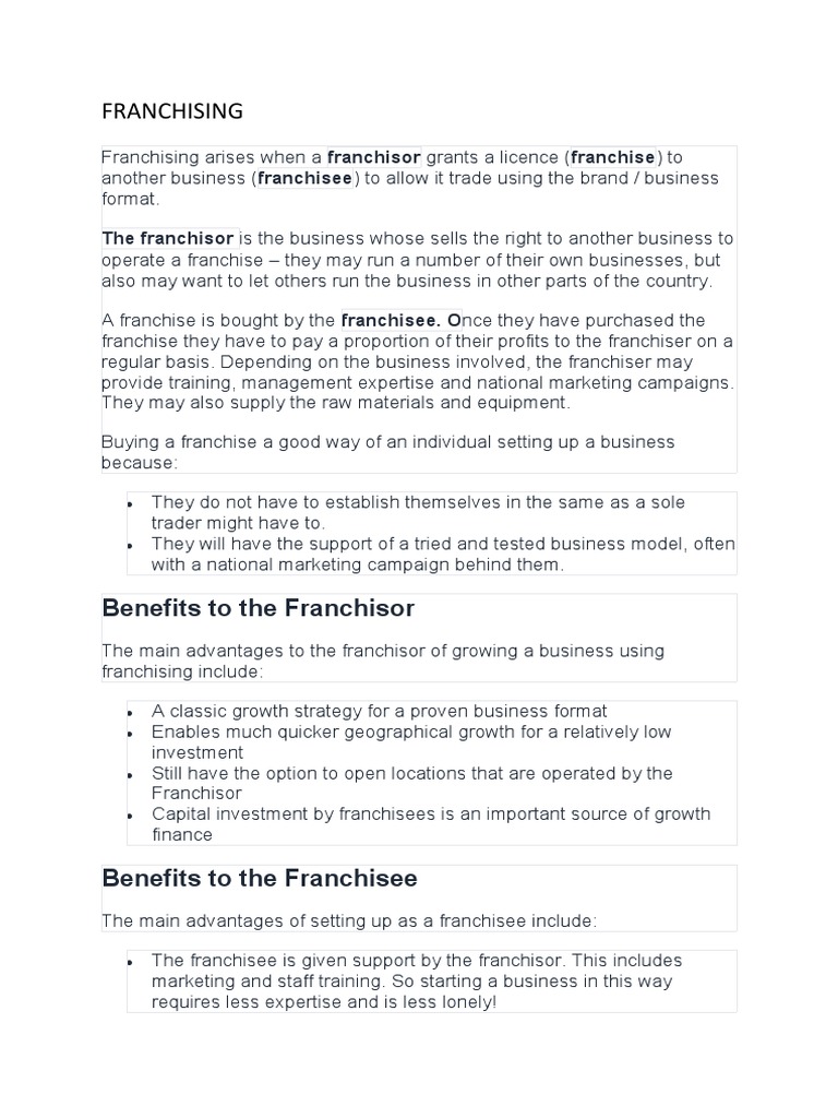 Franchising: Benefits To The Franchisor | PDF | Franchising ...