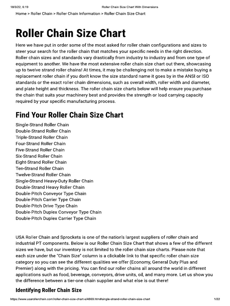 Roller Chain Size Chart With Dimensions | PDF