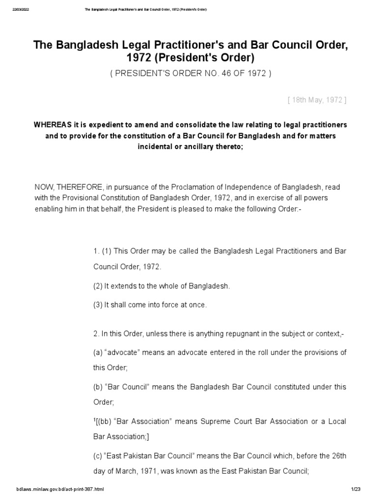 The Bangladesh Legal Practitioner's and Bar Council Order, 1972 ...