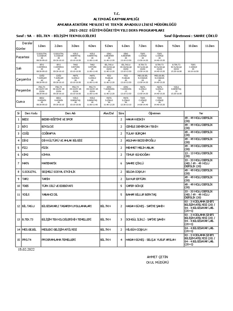 SinifElProgrami Blok Ders 15 Şubat | PDF