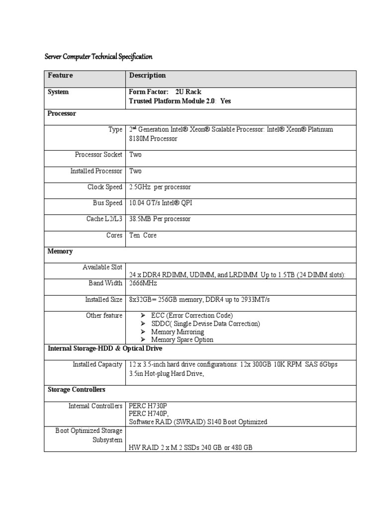 Server Computer Technical Specification: Feature Description | PDF