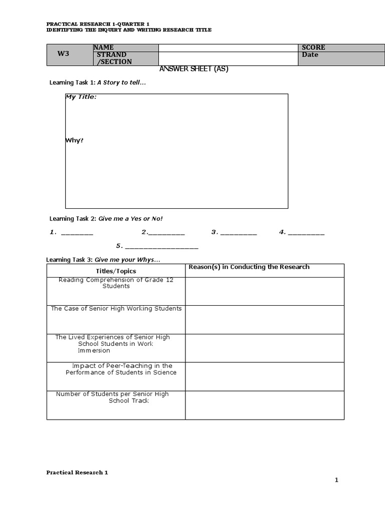 W3 Name Score Strand /section Date Answer Sheet (As) : Learning Task 1 ...