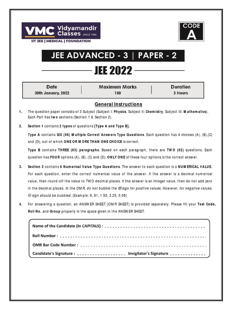 2023 JEE Advanced 3 PAPER 2 - (Gen 1 and 2) | PDF | Gases | Chemical ...