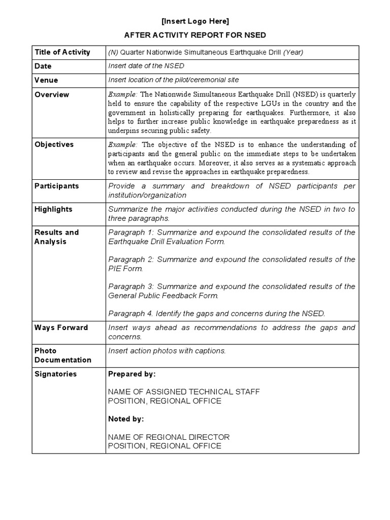 (Insert Logo Here) After Activity Report For Nsed Title of Activity ...