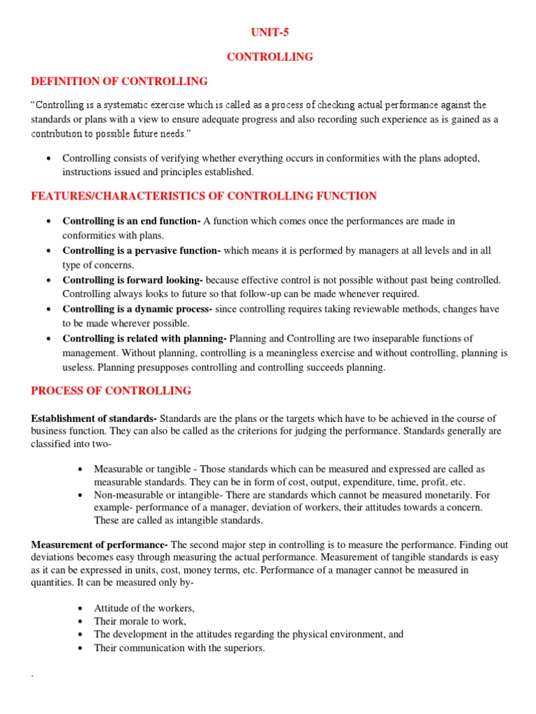 UNIT-5 Controlling Definition of Controlling | PDF | Budget | Business ...
