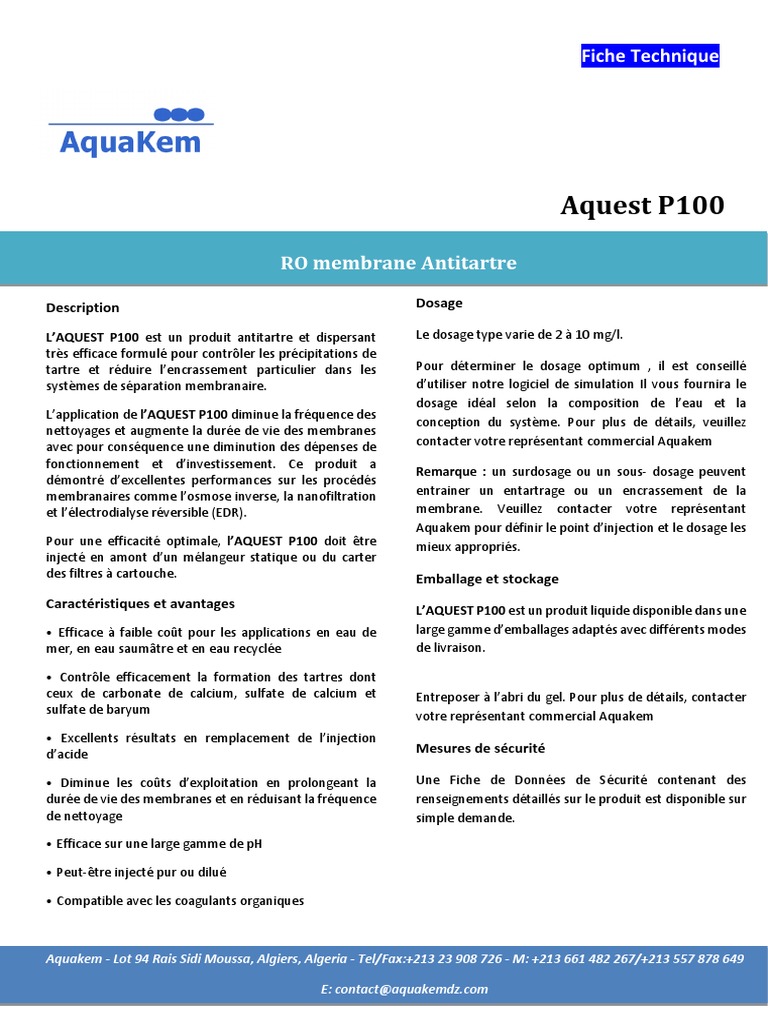 TDS - Aquest P100 - FR | PDF | Chimie | Substances chimiques