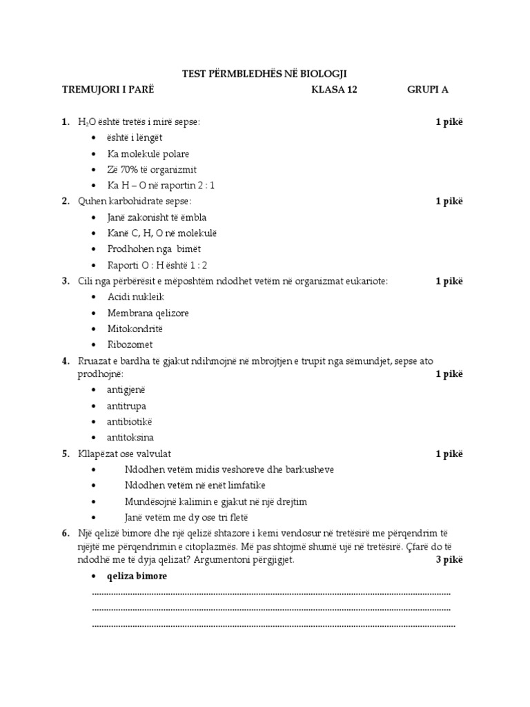 Test Tremujori I Grupi Adhe B Biologjia 12 | PDF