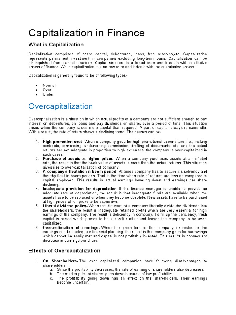 Capitalization in Finance: Overcapitalization | PDF | Profit (Economics ...