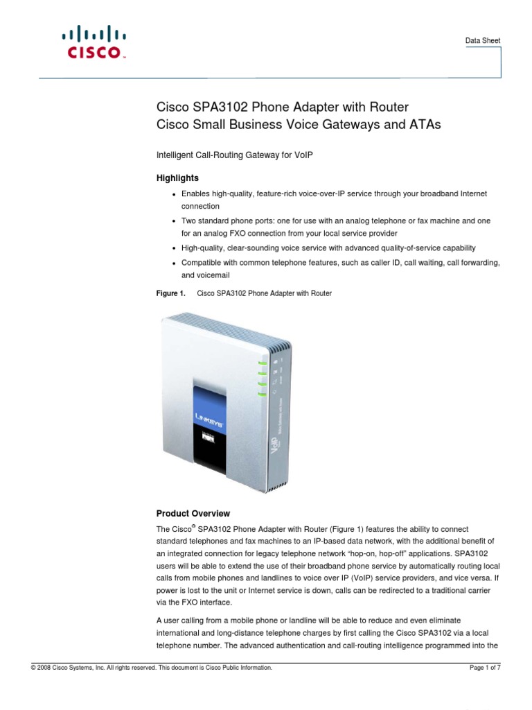 Cisco Spa3102 Phone Adapter With Router Cisco Small Business Voice ...