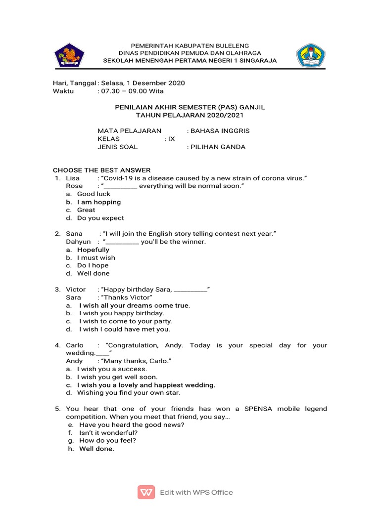 Soal PAS Bahasa Inggris Kelas IX | PDF