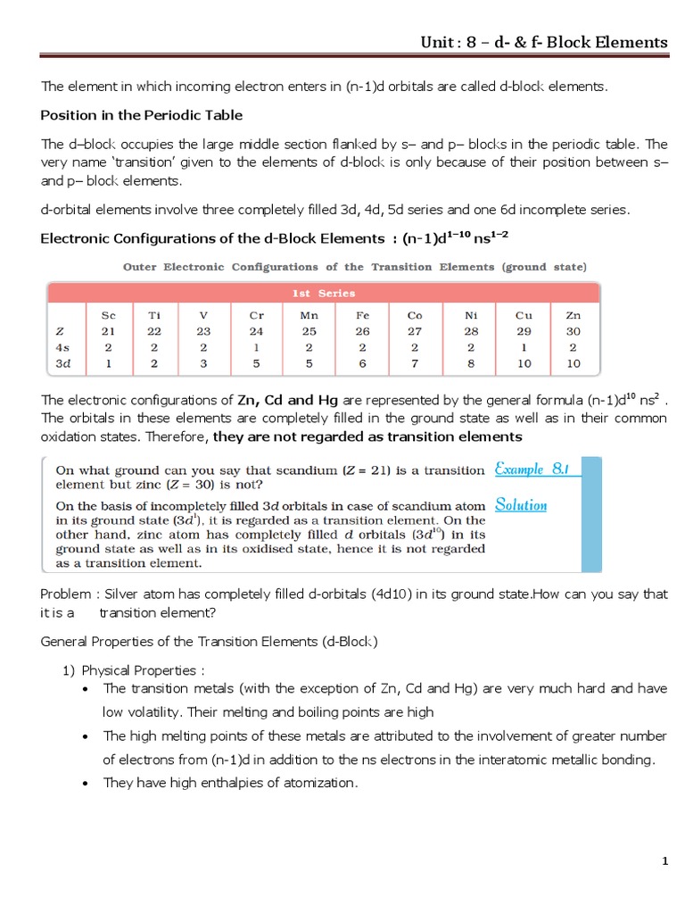 Unit: 8 - D-& F - Block Elements: Position in The Periodic Table | PDF ...