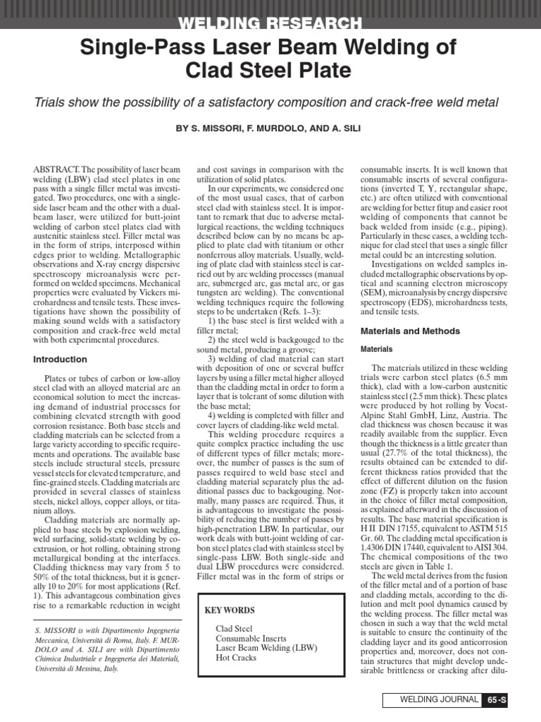 Single-Pass Laser Beam Welding of Clad Steel Plate | PDF | Welding ...