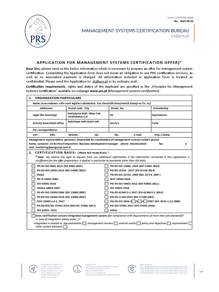 Application For Management Systems Certification Offer | PDF | Quality ...