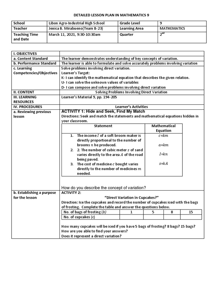 Detailed Lesson Plan in Mathematics 9 Direct Variation | PDF