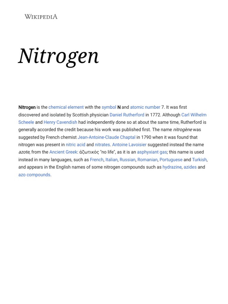 Nitrogen - Wikipedia | PDF | Nitrogen | Nitric Acid