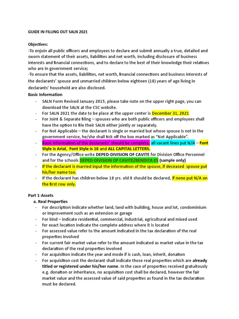 Guide in Filing Saln 2021 | PDF | Interest | Property