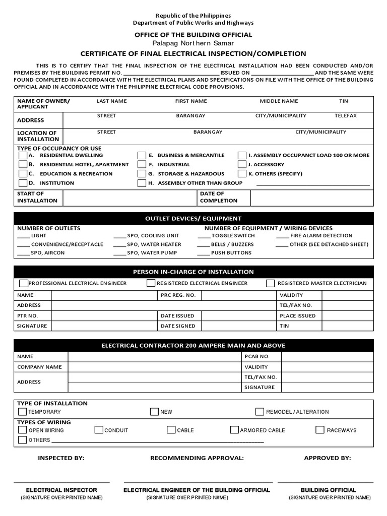 Electrical Completion Form Occupancy | PDF | Electrical Wiring ...