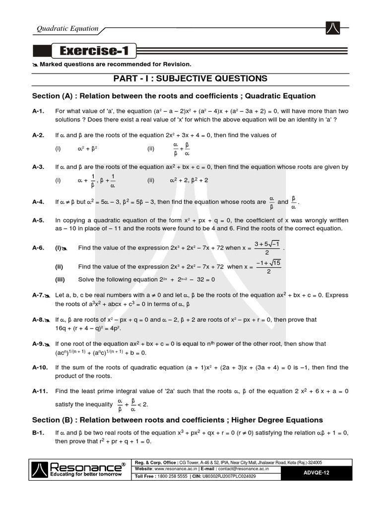 Part - I: Subjective Questions: Section (A) : Relation Between The ...