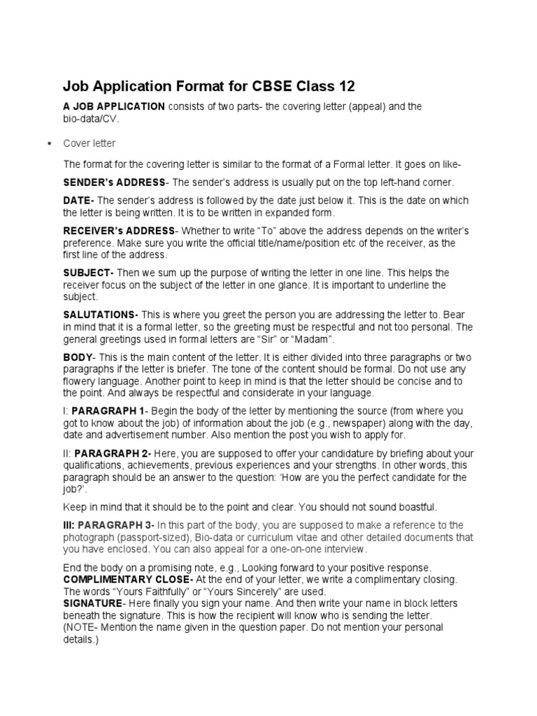 Job Application Format For CBSE Class 12 | PDF | Résumé
