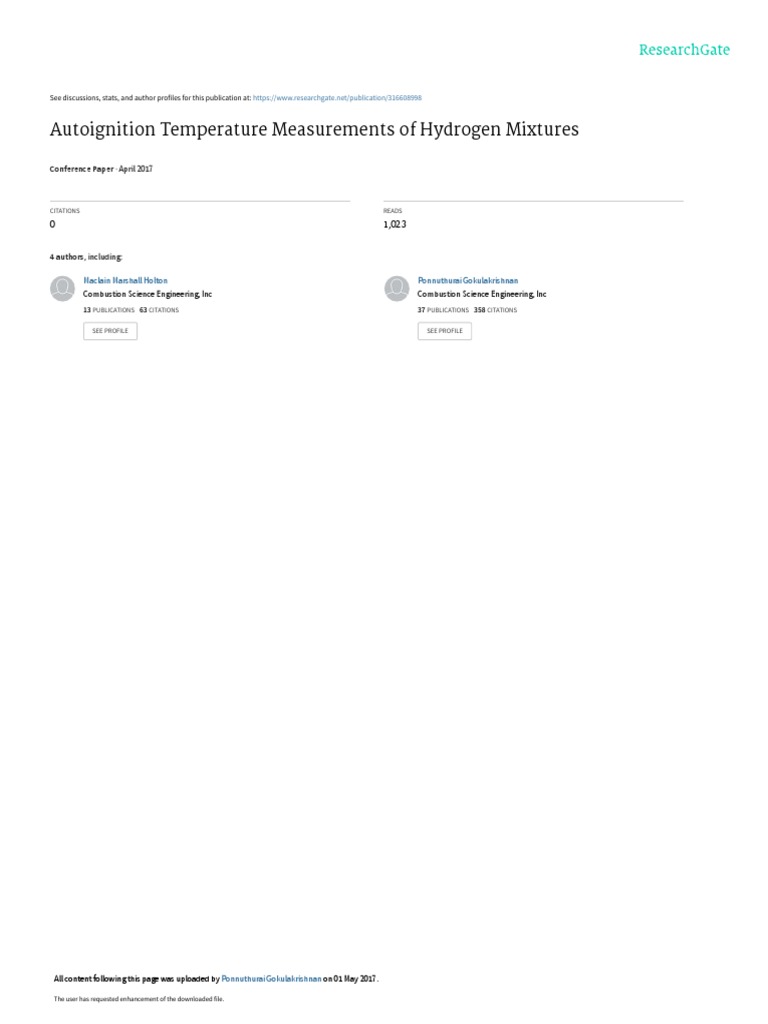 Autoignition Temperature Measurements of Hydrogen Mixtures | PDF ...