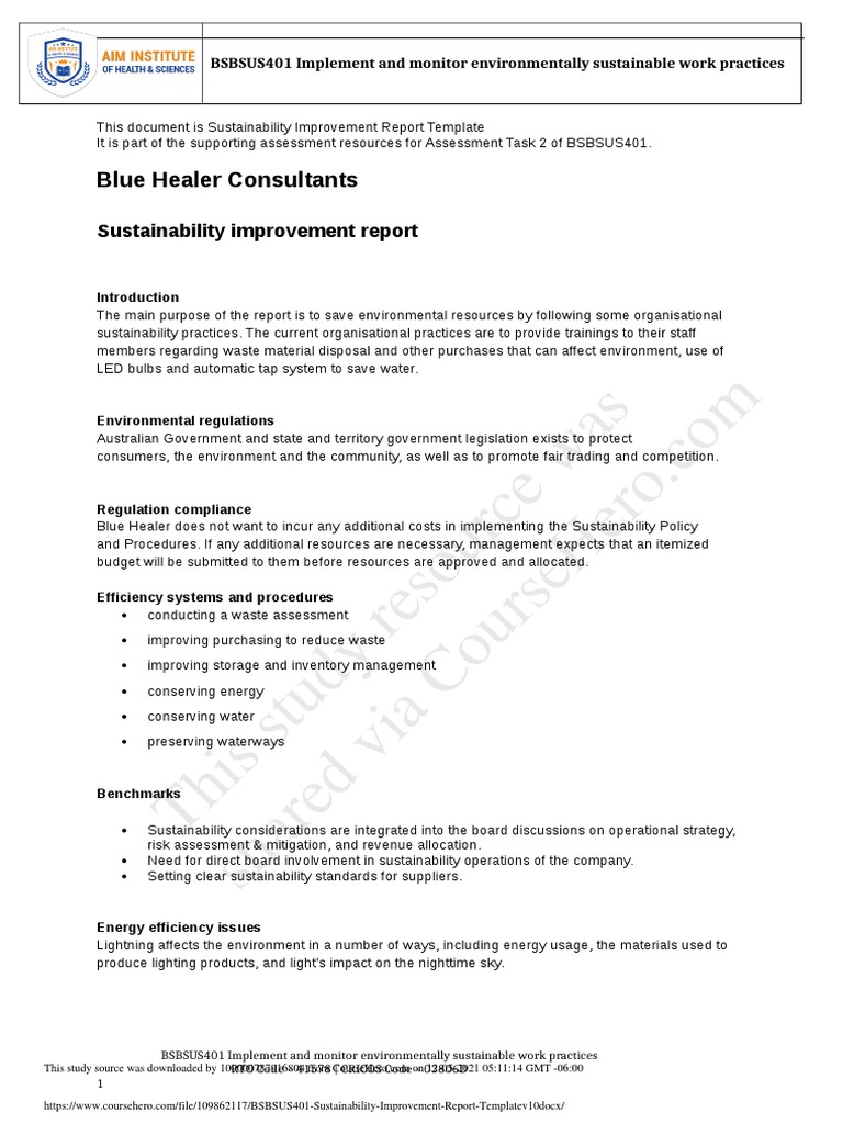 BSBSUS401 Sustainability Improvement Report Template.v1.0 | PDF ...