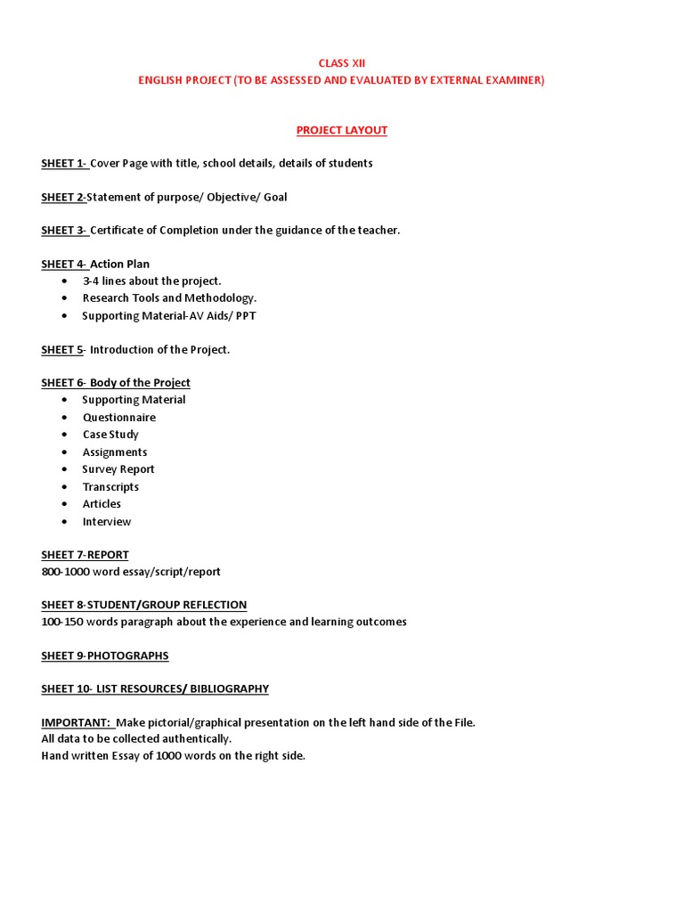 Class Xii English Project (To Be Assessed and Evaluated by External ...