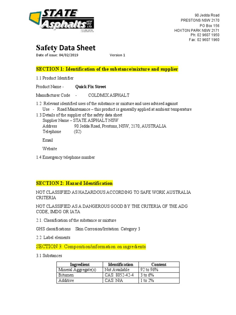 MSDS Cold Mix | PDF | Asphalt | Firefighting