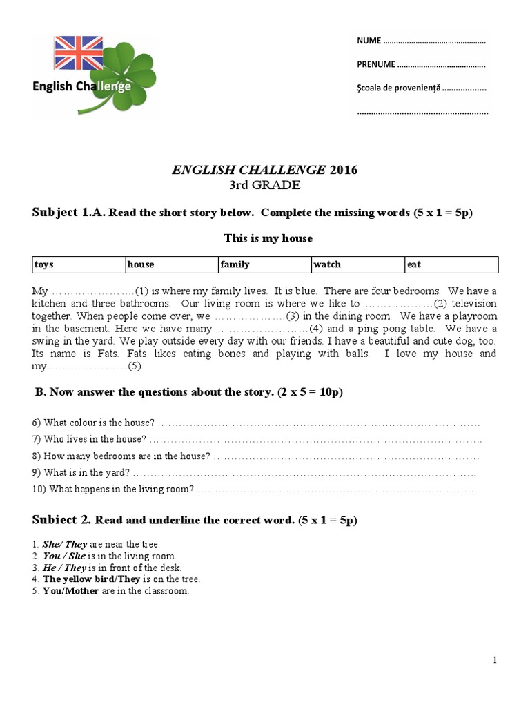 3rd Grade English Challenge 2016 | PDF | Home