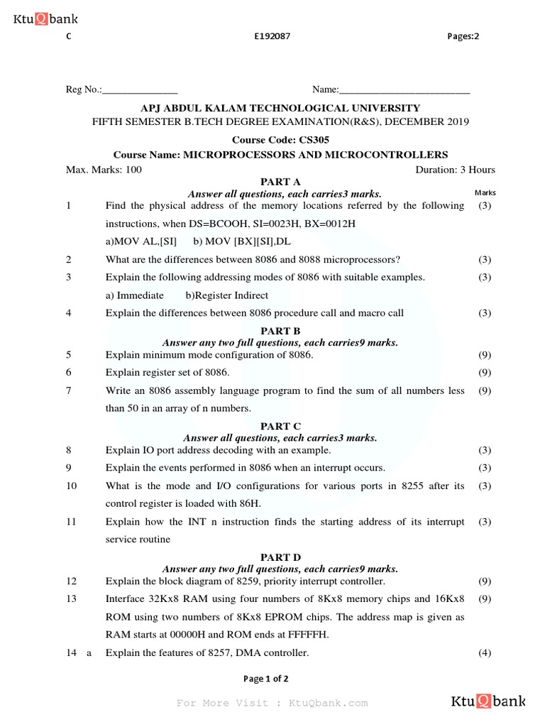 2019 Dec. CS305-E - Ktu Qbank | PDF | Microcontroller | Manufactured Goods