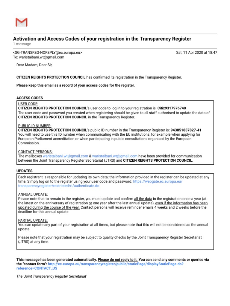 Transparency Register Activation Details | PDF | Gmail | Information Age