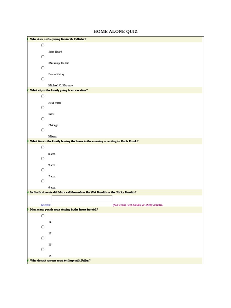 Home Alone Quiz | PDF | Leisure