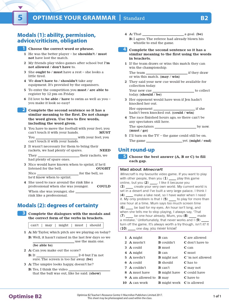 Optimise Your Grammar - B2: Modals (1) : Ability, Permission, Advice ...