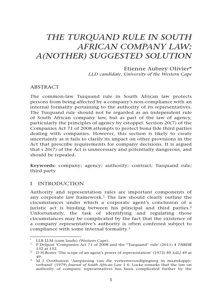 Turquand Rule in SA Company Law E Aubrey Olivier JCCLP 2019 5 2 | PDF ...