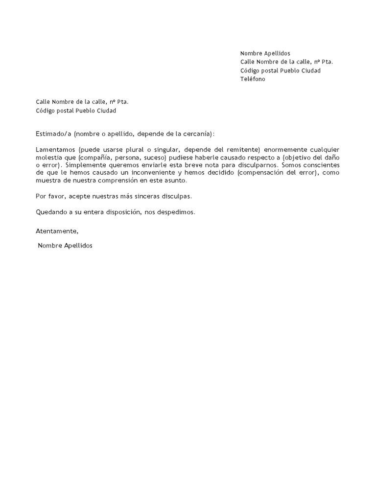 Ejemplo de Carta de Disculpa Formal en Word | PDF