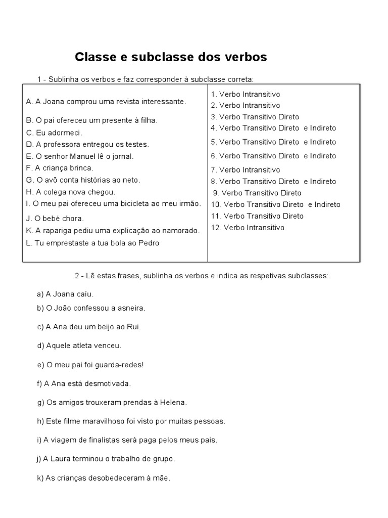 Classe e Subclasse Dos Verbos | PDF
