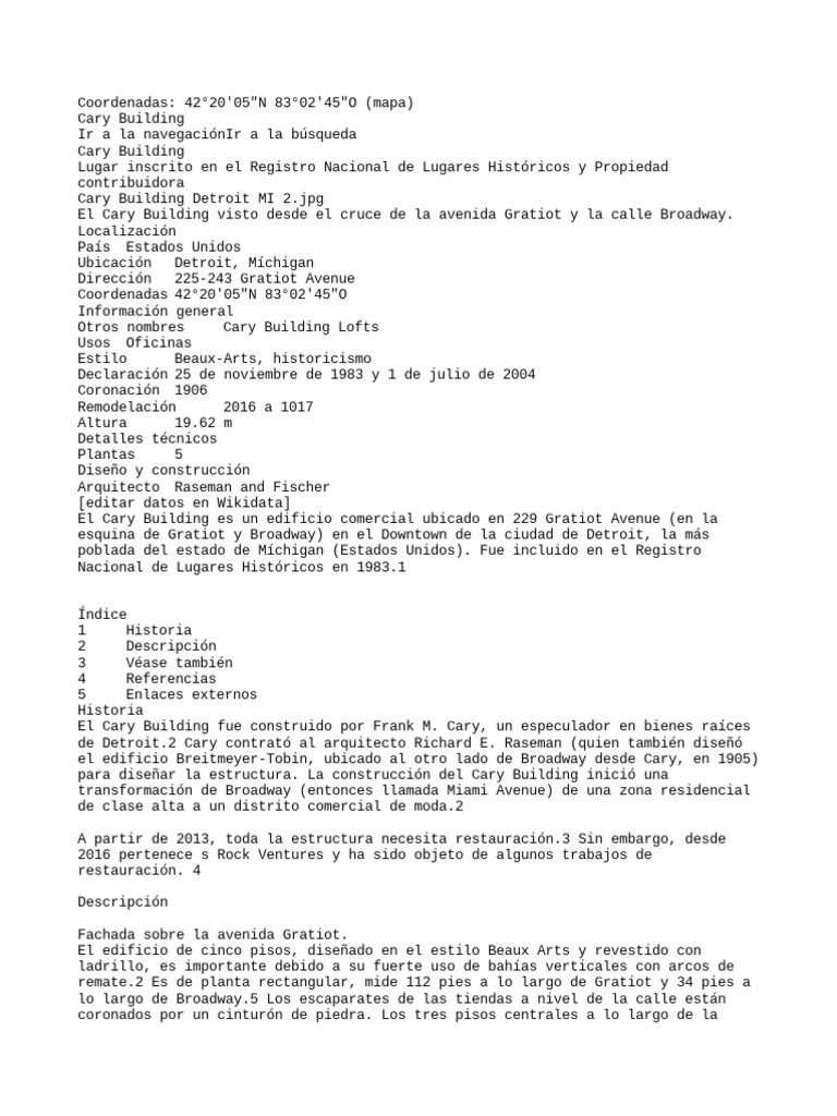 Cary Building: Patrimonio Histórico en Detroit | PDF