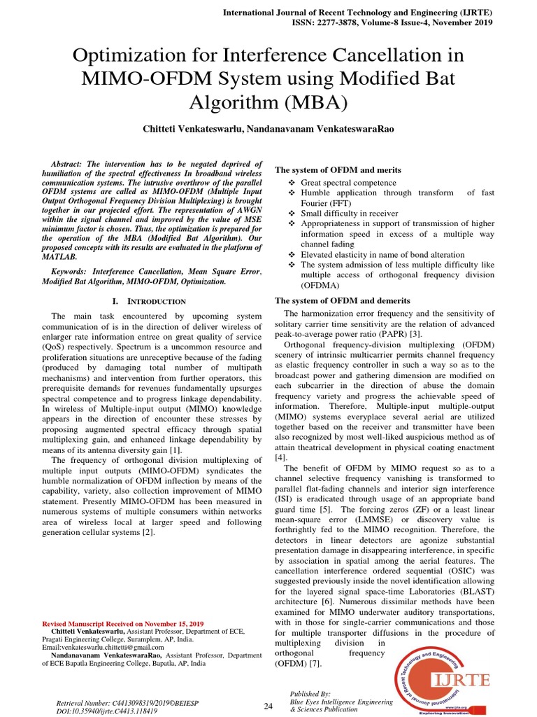 Optimization For Interference Cancellation in MIMO-OFDM System Using Modified Bat Algorithm (MBA ...