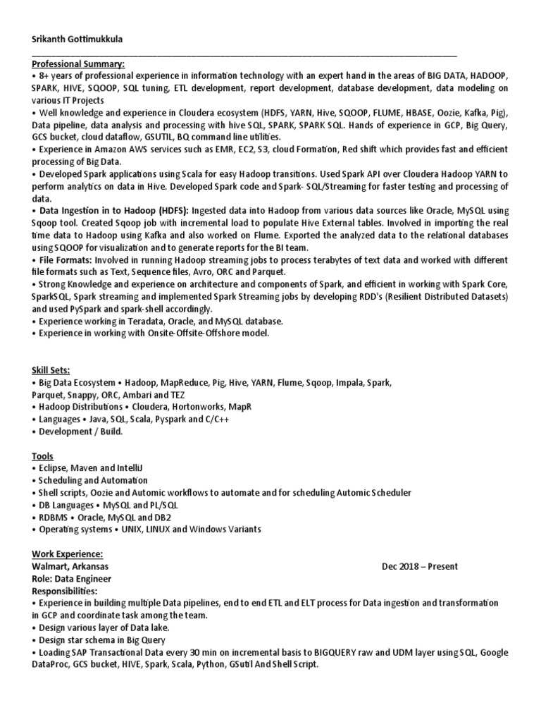 Srikanth Gottimukkula Professional Summary | PDF | Microsoft Sql Server | Apache Spark