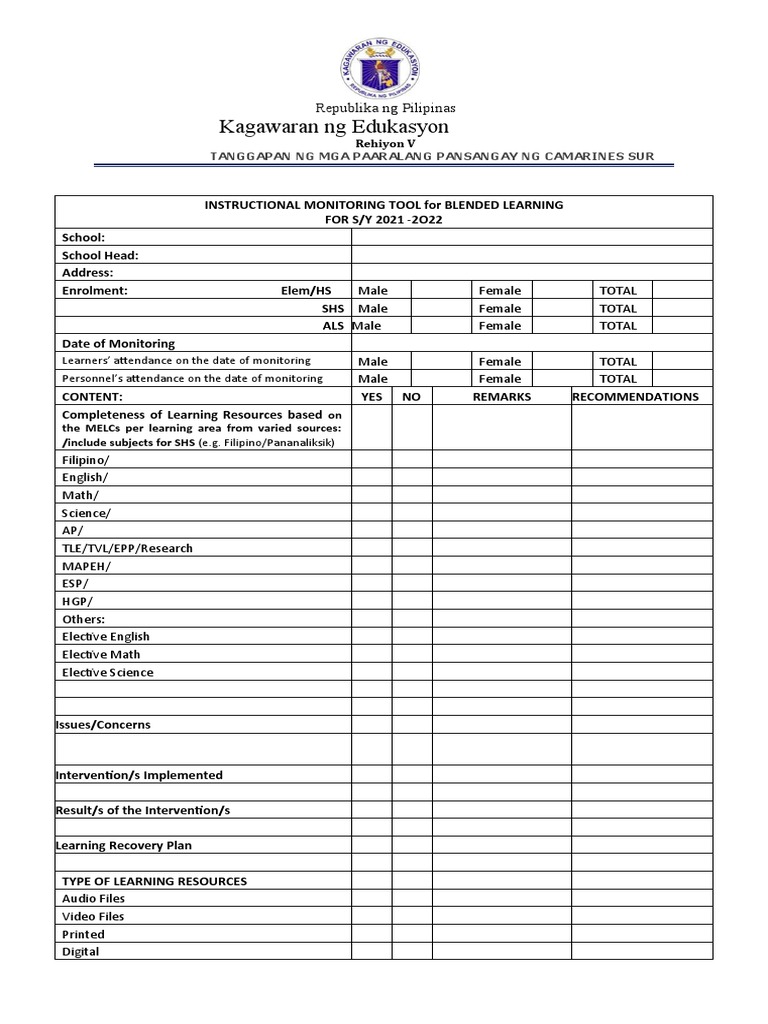 Monitoring Tool For Blended Learning Msword | PDF | Teaching ...