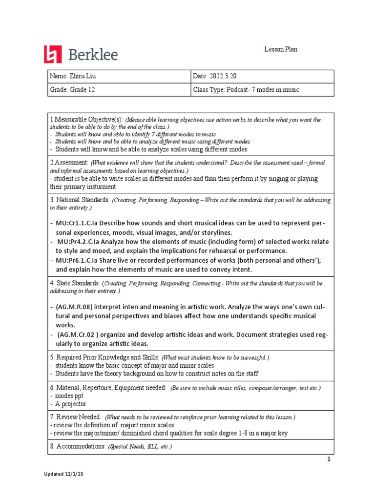 Teaching 7 Music Modes Lesson Plan | PDF | Mode (Music) | Learning