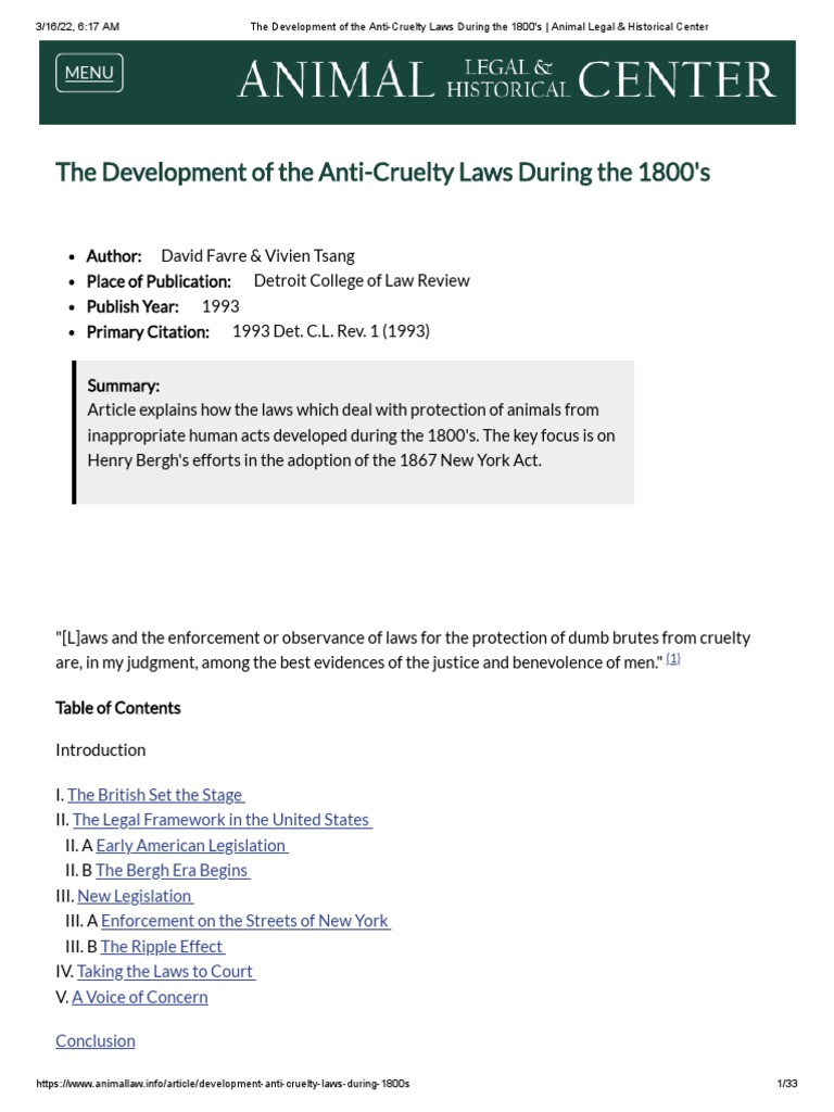 The Development of The Anti-Cruelty Laws During The 1800's - Animal ...