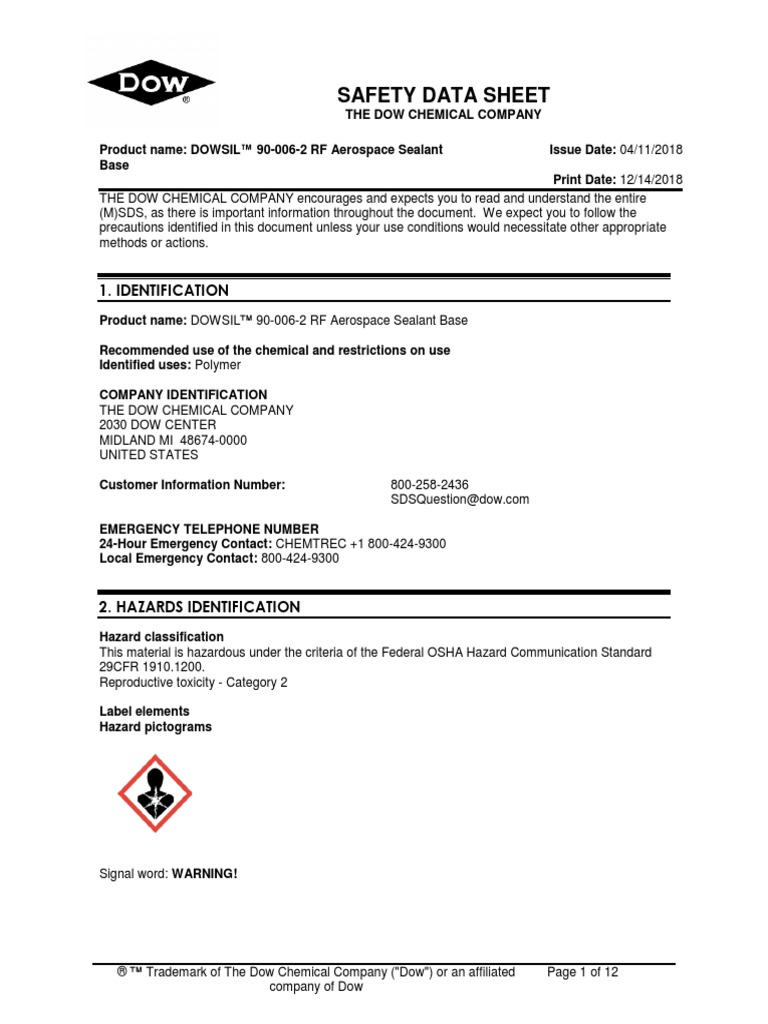 Dow Corning 90-006-2 RF Kit - SDS | PDF | Polyvinyl Chloride | Toxicity