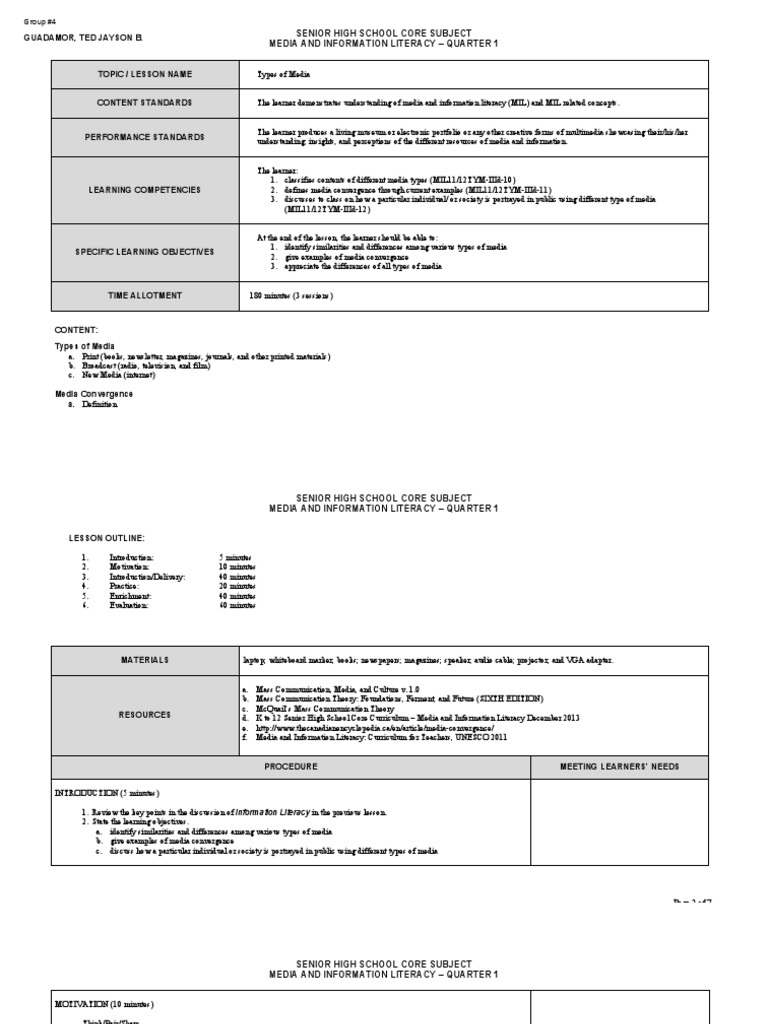 Media and Information Literacy Lesson Plan PDF Free | PDF | Mass Media ...