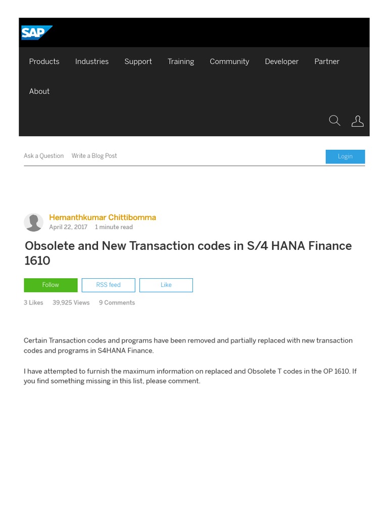 Obsolete and New Transaction Codes in S - 4 HANA Finance 1610 - SAP ...