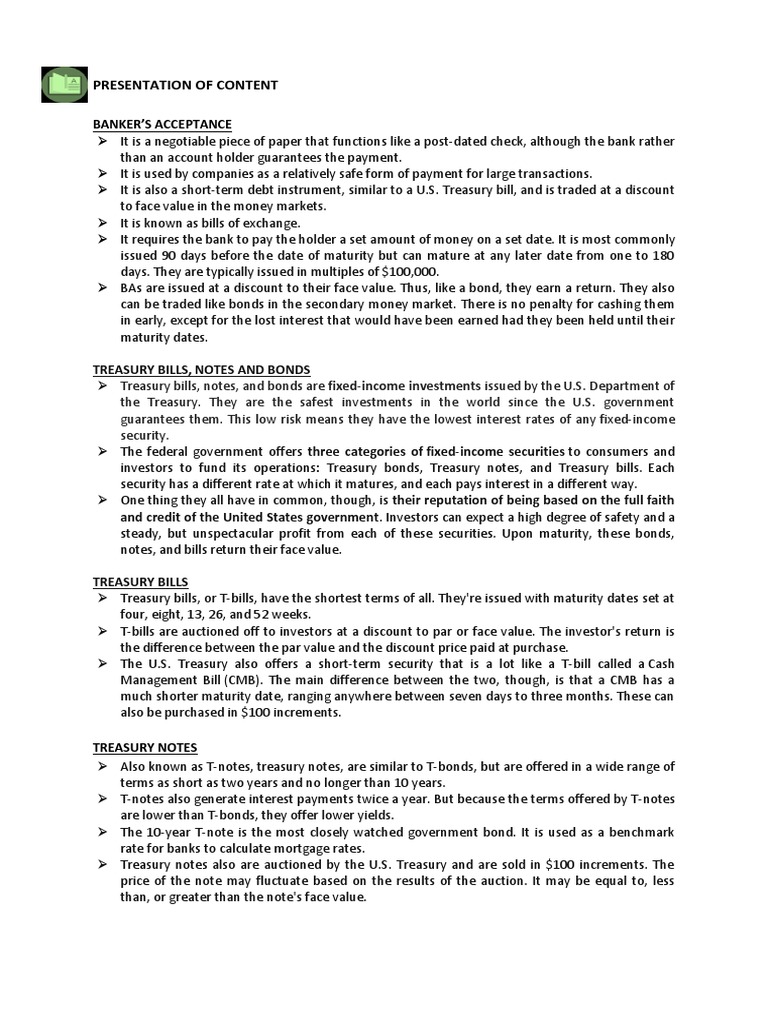 Bankers Acceptance, Treasury Bills, Notes and Bonds | PDF