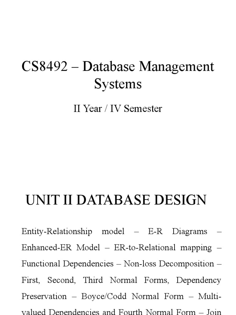 CS8492 - Database Management Systems: II Year / IV Semester | PDF | Conceptual Model | Databases