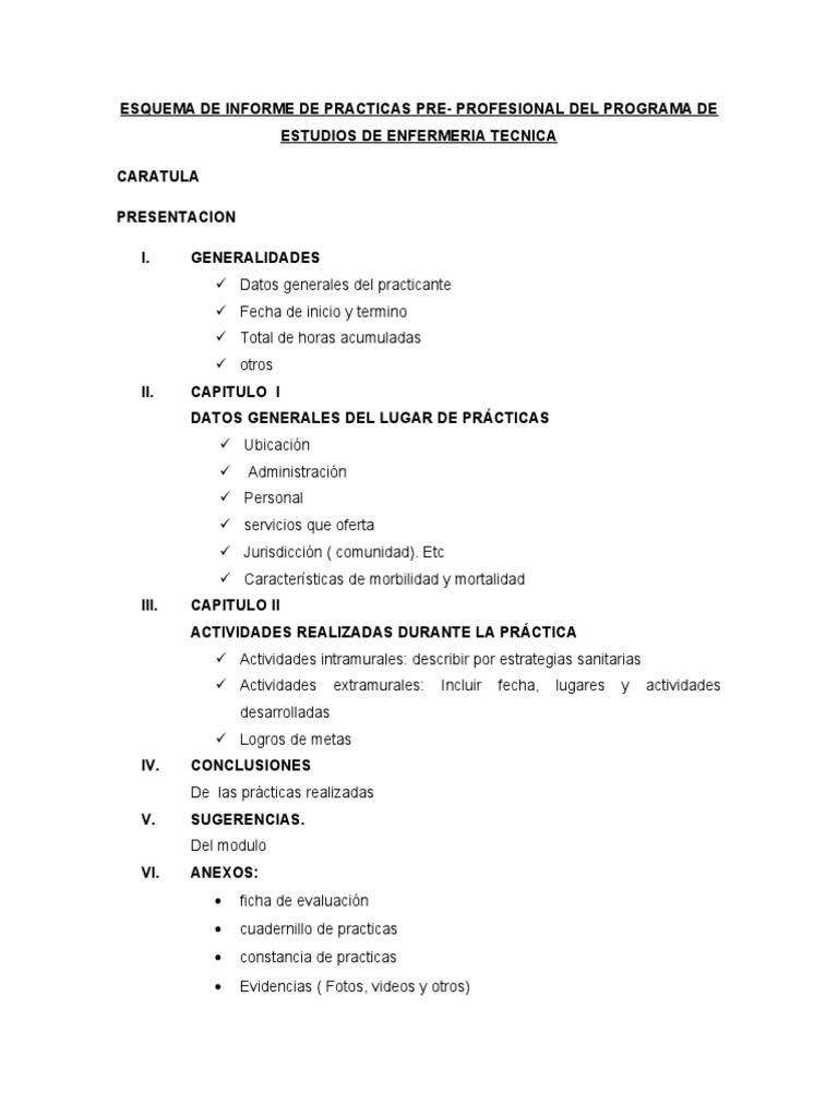 ESQUEMA DE INFORME DE PRACTICAS Enfermeria 2022 | PDF