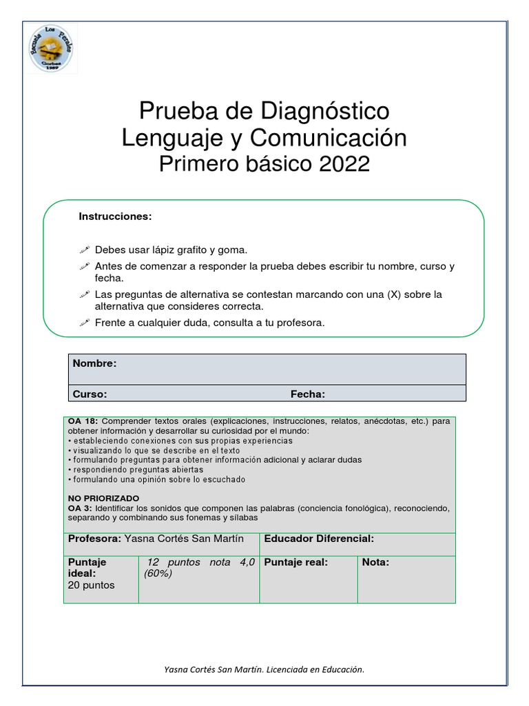 Prueba Diagnóstica Lenguaje Primero Básico | PDF | Ciencia cognitiva ...