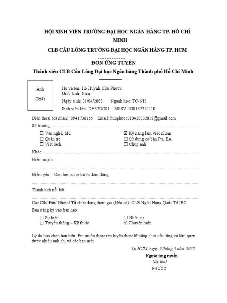 CV CLB CẦU LÔNG BBC | PDF