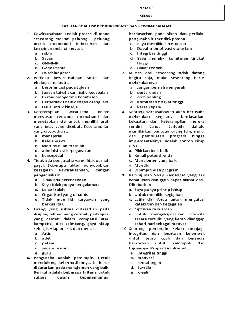 Latihan Soal Usp Produk Kreatif Dan Kewirausahaan | PDF